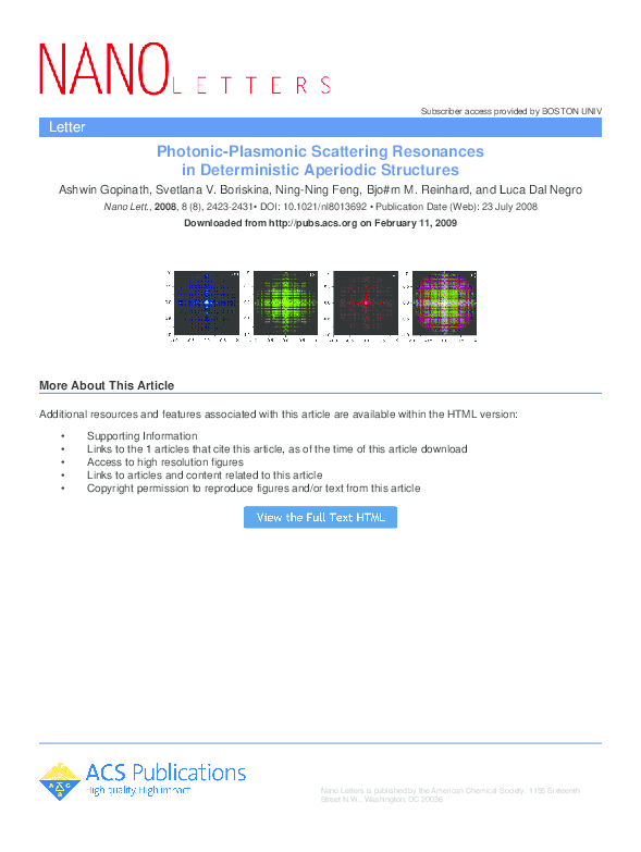 (PDF) Photonic-plasmonic scattering resonances in deterministic aperiodic structures