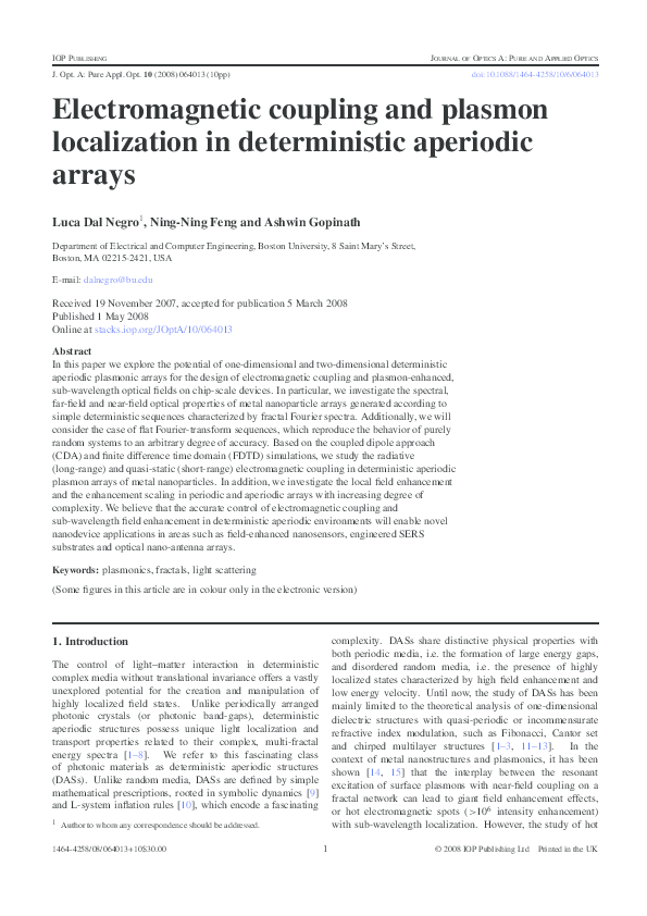 (PDF) Electromagnetic coupling and plasmon localization in deterministic aperiodic arrays