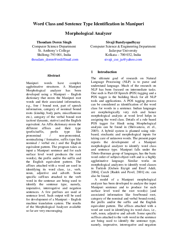 (PDF) Word Class and Sentence Type Identification in Manipuri ...