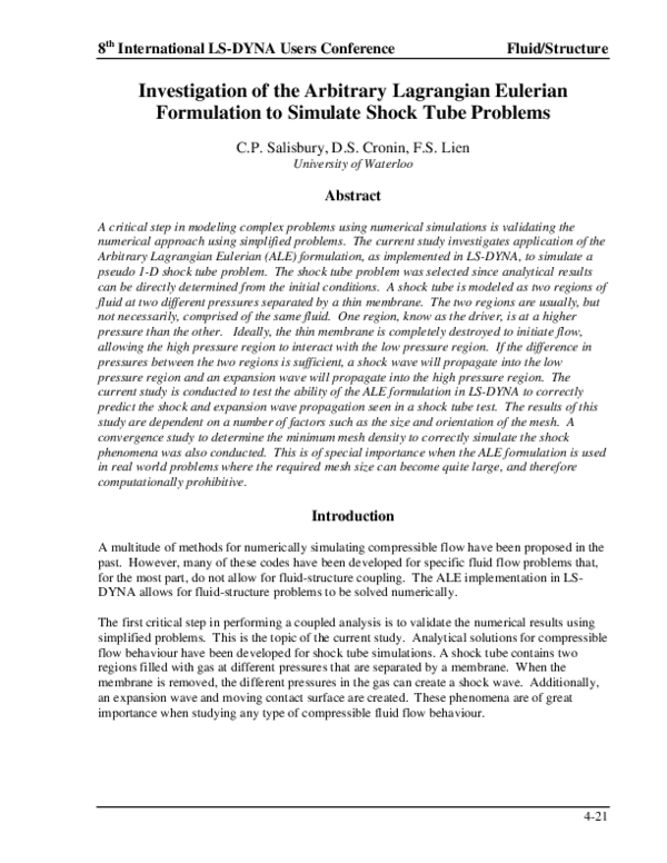 (PDF) Investigation of the Arbitrary Lagrangian Eulerian Formulation to Simulate Shock Tube Problems