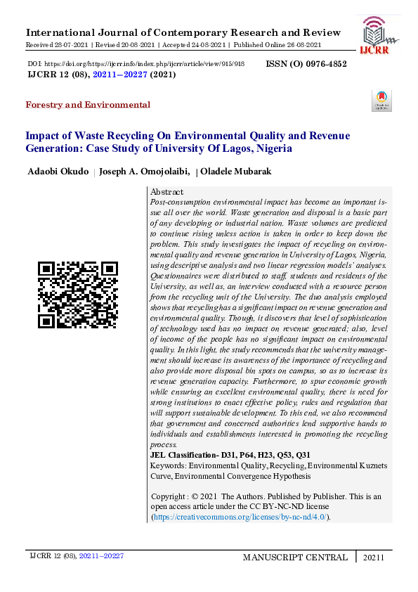 (PDF) Impact of Waste Recycling On Environmental Quality and Revenue ...