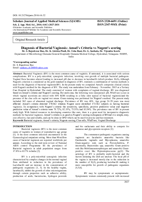 (PDF) Diagnosis of Bacterial Vaginosis: Amsel’s Criteria vs Nugent’s ...