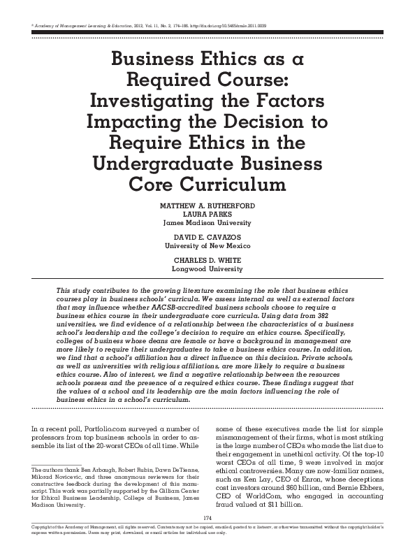 (PDF) Factors Influencing Required Business Ethics Courses
