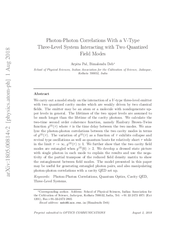 (PDF) Photon–photon correlations with a V-type three-level system interacting with two quantized ...