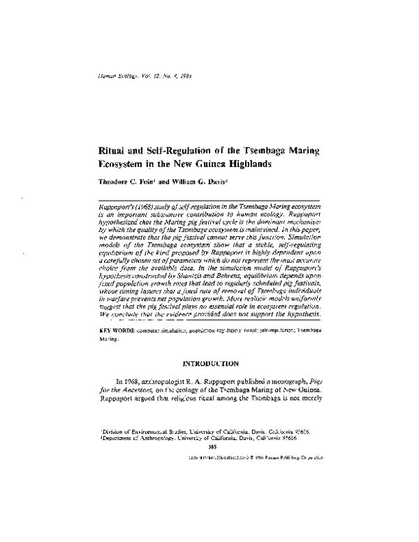 (PDF) Ritual and self-regulation of the Tsembaga Maring ecosystem in ...