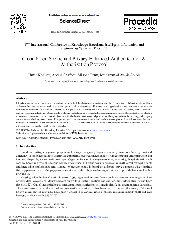 Pdf Cloud Based Secure And Privacy Enhanced Authentication And Authorization Protocol
