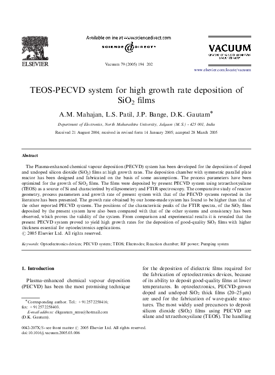 Pdf Teos Pecvd System For High Growth Rate Deposition Of Sio2 Films