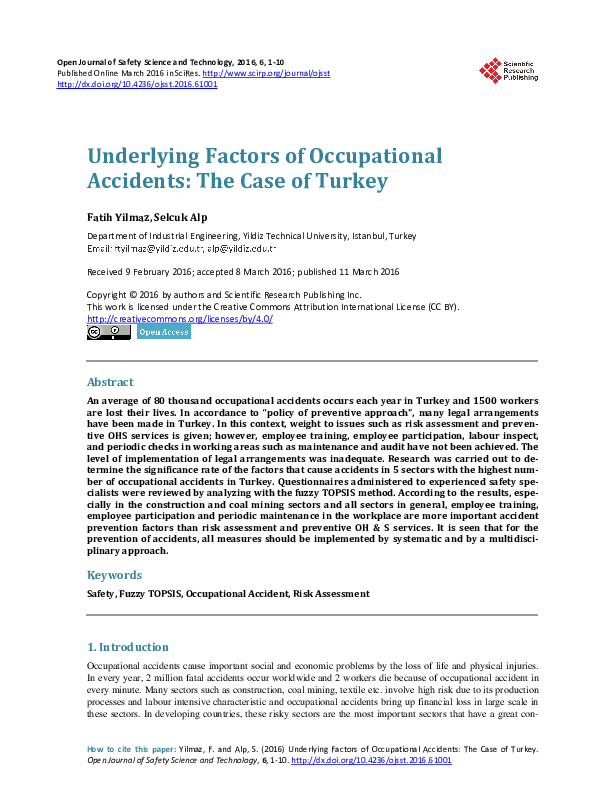 (PDF) Underlying Factors of Occupational Accidents: The Case of Turkey