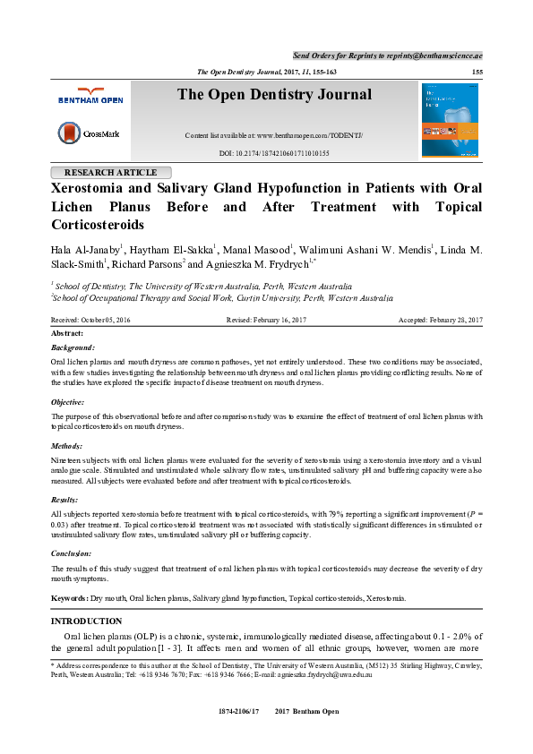 (PDF) Xerostomia and Salivary Gland Hypofunction in Patients with Oral Lichen Planus Before and ...