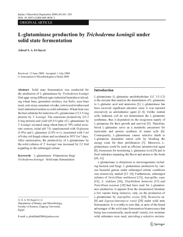 (PDF) L-glutaminase production by Trichoderma koningii under solid-state fermentation