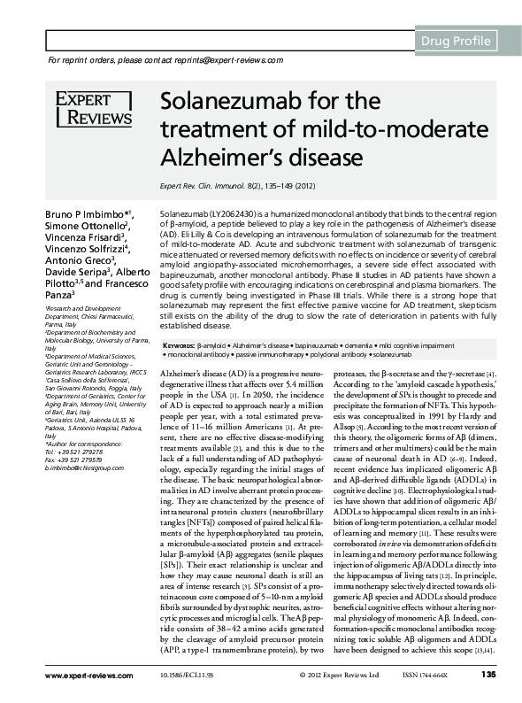 (PDF) Solanezumab for the treatment of mild-to-moderate Alzheimer’s disease