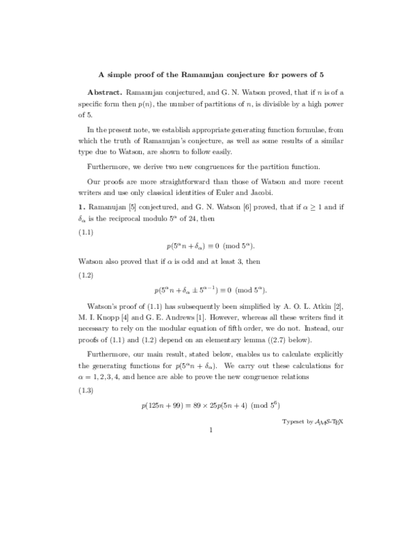 (PDF) A simple proof of the Ramanujan conjecture for powers of 5