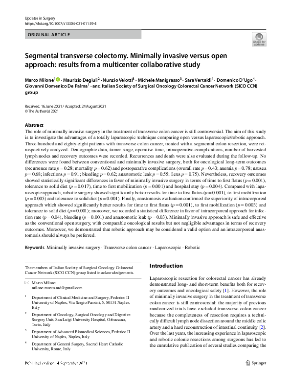 (PDF) Segmental transverse colectomy. Minimally invasive versus open ...