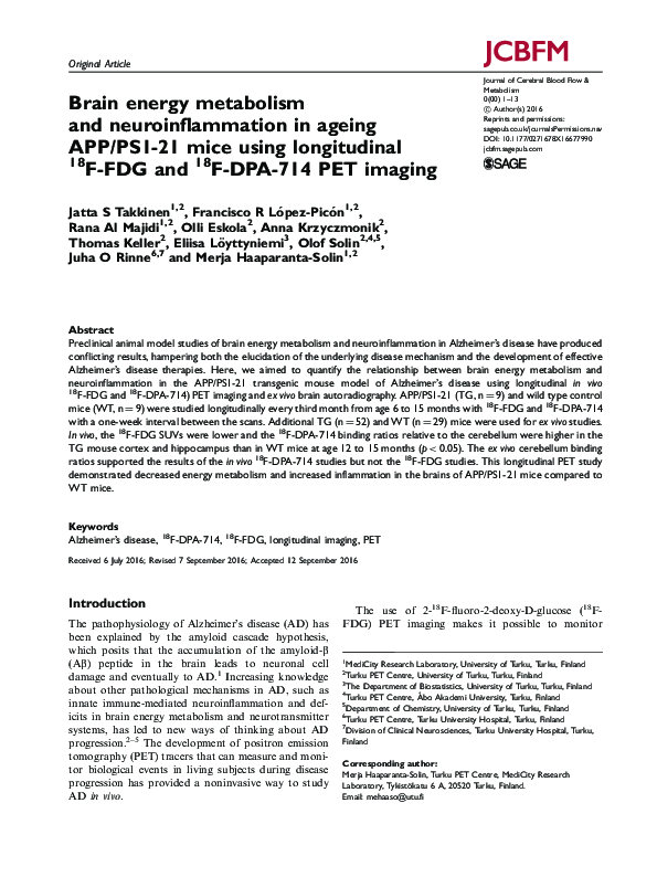 Brain energy metabolism and neuroinflammation in ageing APP/PS1-21 mice ...