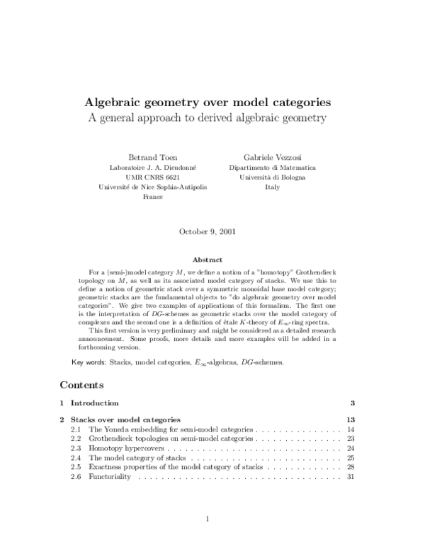 (PDF) Algebraic Geometry over model categories (a general approach to ...