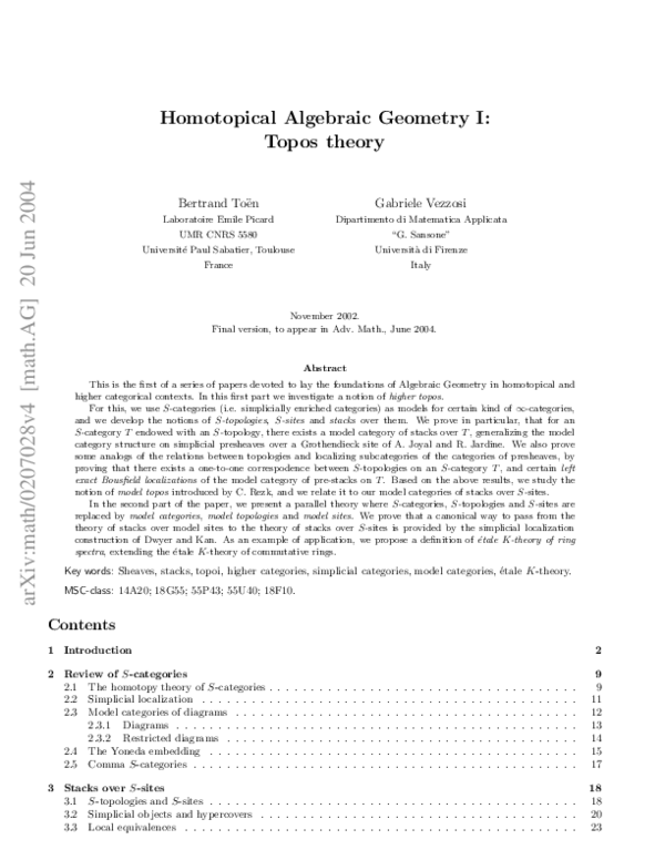 (PDF) Homotopical algebraic geometry I: topos theory
