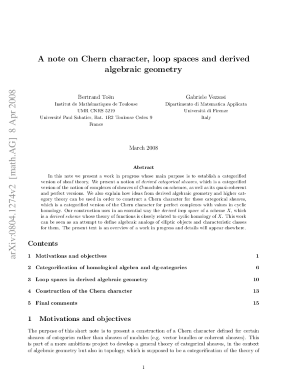 (PDF) Chern Character, Loop Spaces and Derived Algebraic Geometry