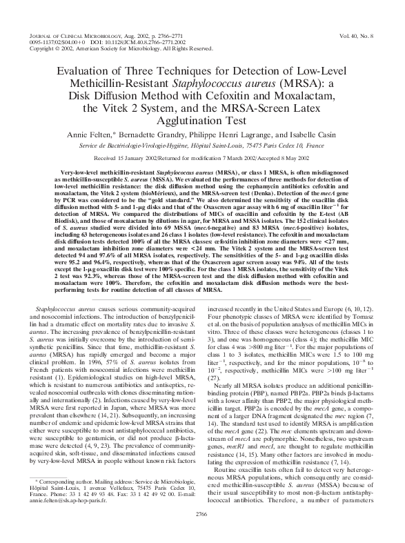 (PDF) Evaluation of Three Techniques for Detection of Low-Level Methicillin-Resistant ...