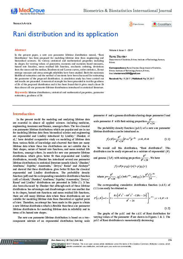 (PDF) Rani Distribution and Its Application