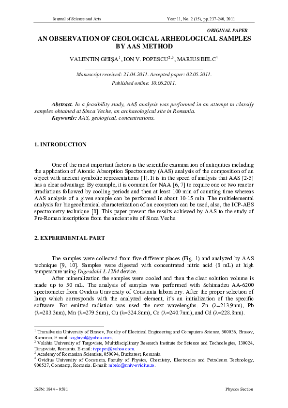 (PDF) AAS Analysis of Geological Samples from Sinca Veche