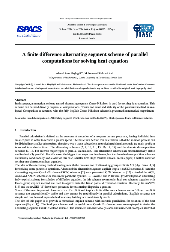 (PDF) A finite difference alternating segment scheme of parallel computations for solving heat ...