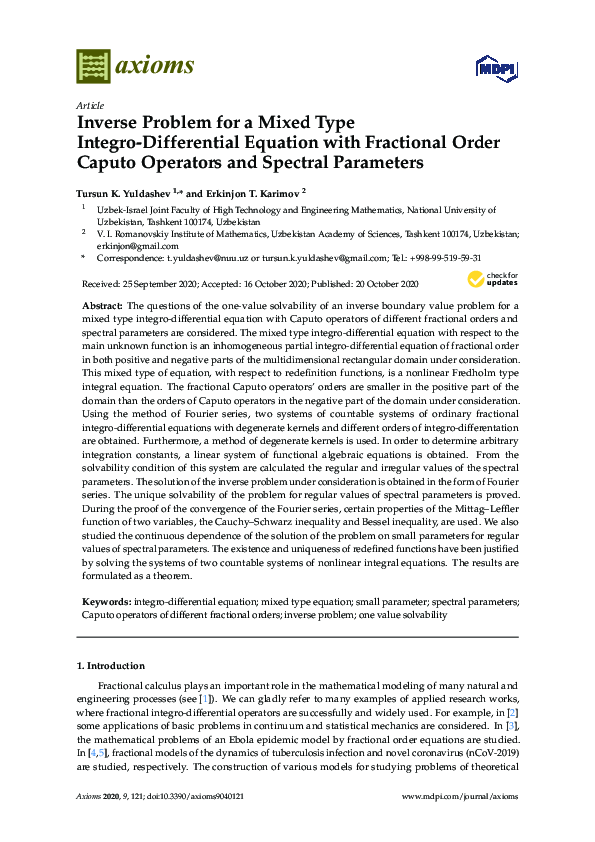 (PDF) Inverse Problem for a Mixed Type Integro-Differential Equation with Fractional Order ...