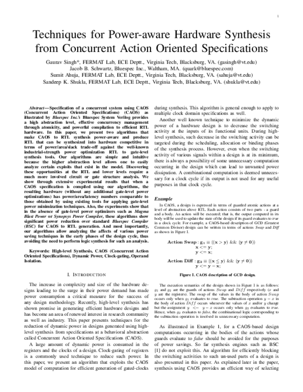(PDF) Techniques for Power-Aware Hardware Synthesis from Concurrent Action Oriented Specifications