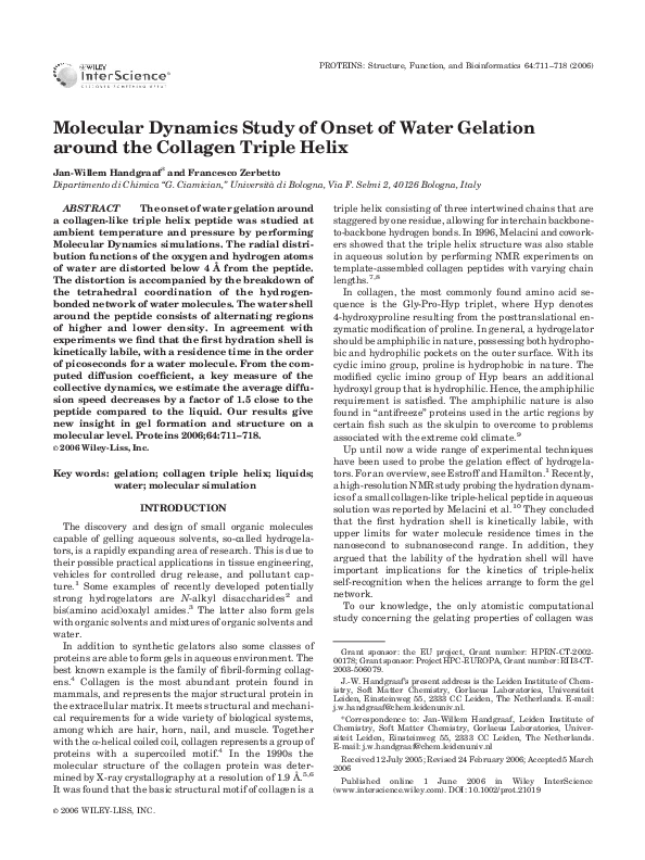 (PDF) Molecular dynamics study of onset of water gelation around the collagen triple helix