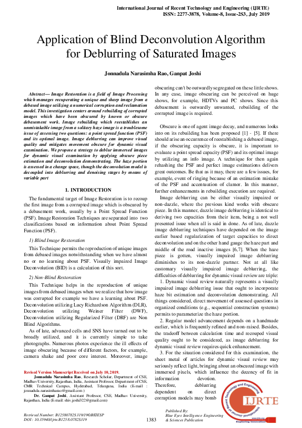 Pdf Application Of Blind Deconvolution Algorithm For Deblurring Of Saturated Images