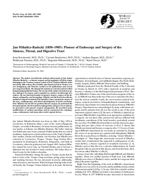 (PDF) Jan Mikulicz-Radecki (1850?1905): Pioneer of Endoscopy and ...
