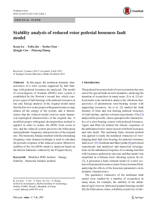 (PDF) Stability analysis of reduced rotor pedestal looseness fault model