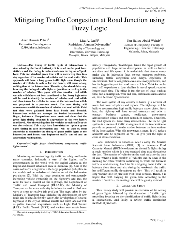 Pdf Mitigating Traffic Congestion At Road Junction Using Fuzzy Logic