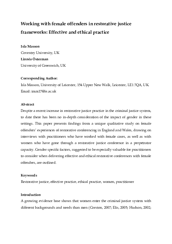 (PDF) Working with female offenders in restorative justice frameworks