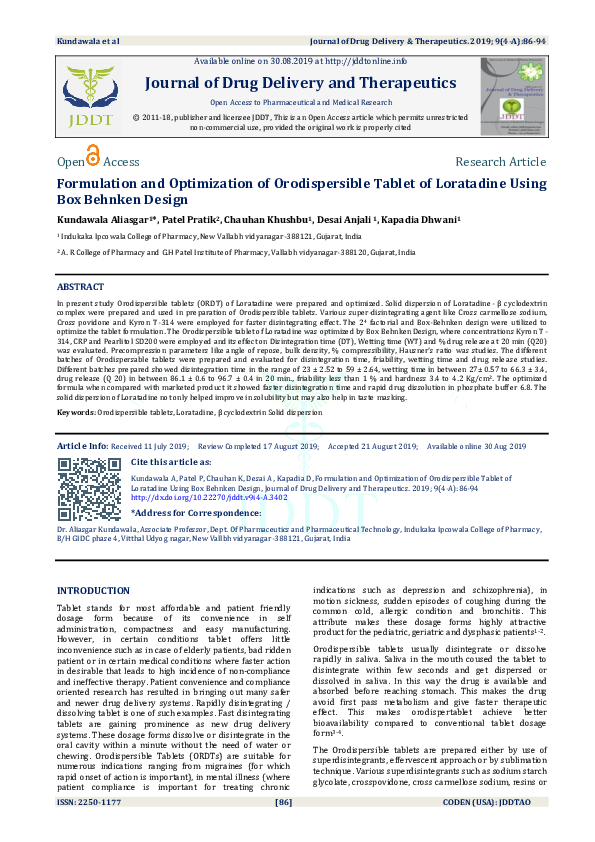 Pdf Formulation And Optimization Of Orodispersible Tablet Of Loratadine Using Box Behnken