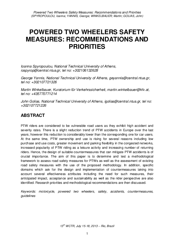 (PDF) Powered two-wheelers safety measures: Recommendations and priorities