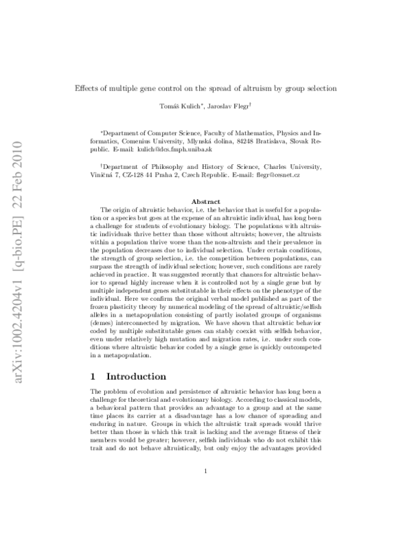 (PDF) Effects of multiple gene control on the spread of altruism by ...