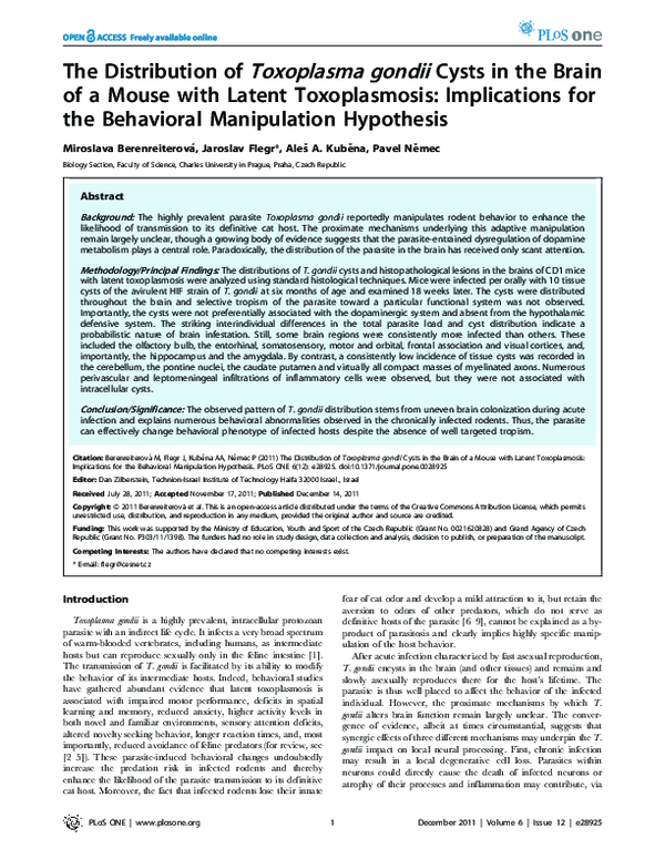 Pdf The Distribution Of Toxoplasma Gondii Cysts In The Brain Of A