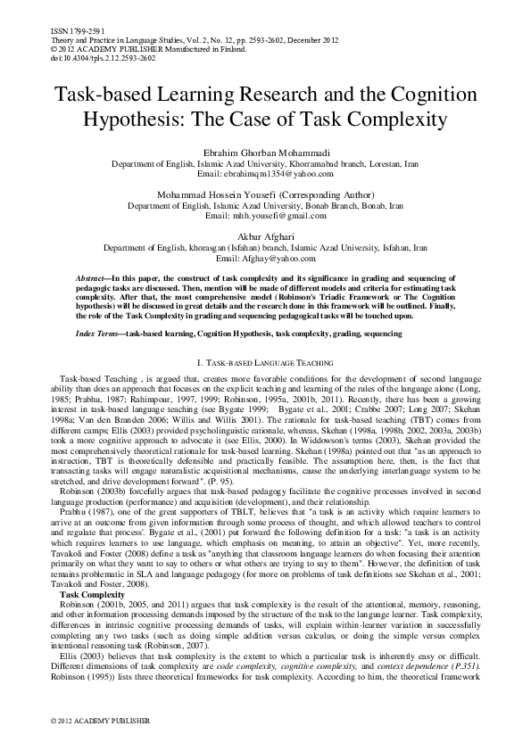 (PDF) Task-based Learning Research and the Cognition Hypothesis: The Case of Task Complexity