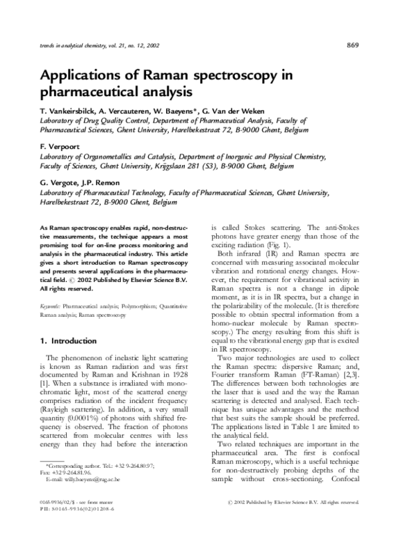 (PDF) Applications of Raman spectroscopy in pharmaceutical analysis