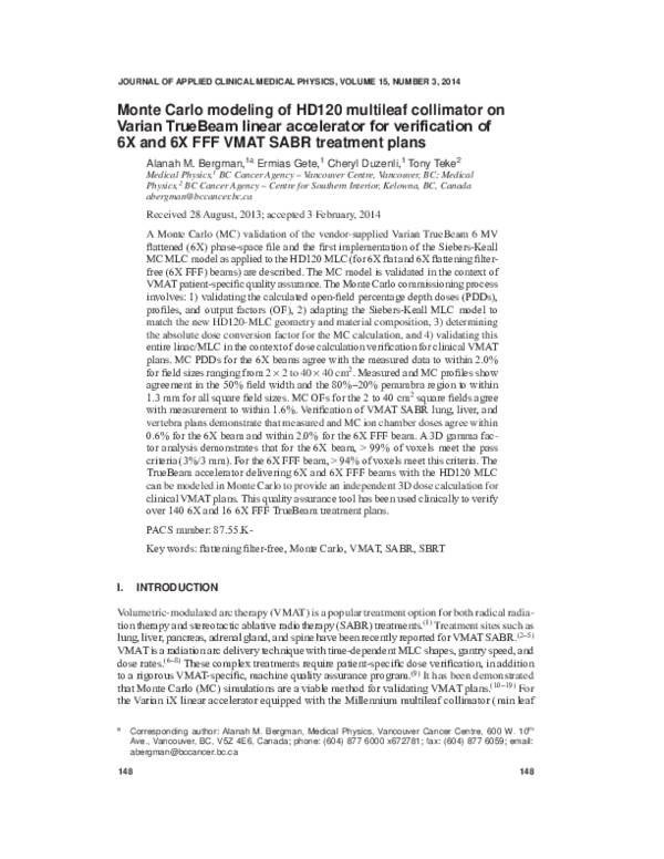 (PDF) Monte Carlo modeling of HD120 multileaf collimator on Varian TrueBeam linear accelerator ...