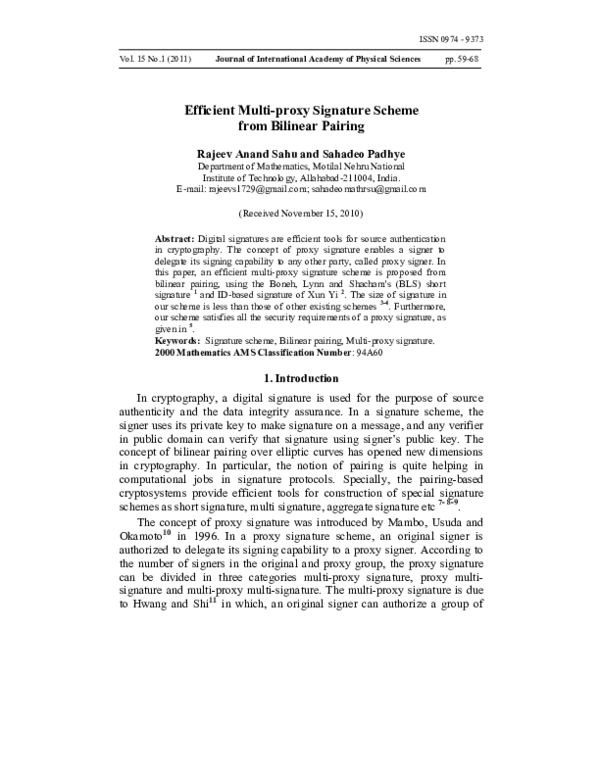 (PDF) Efficient Multi-proxy Signature Scheme from Bilinear Pairing | Dr Sahadeo Padhye ...