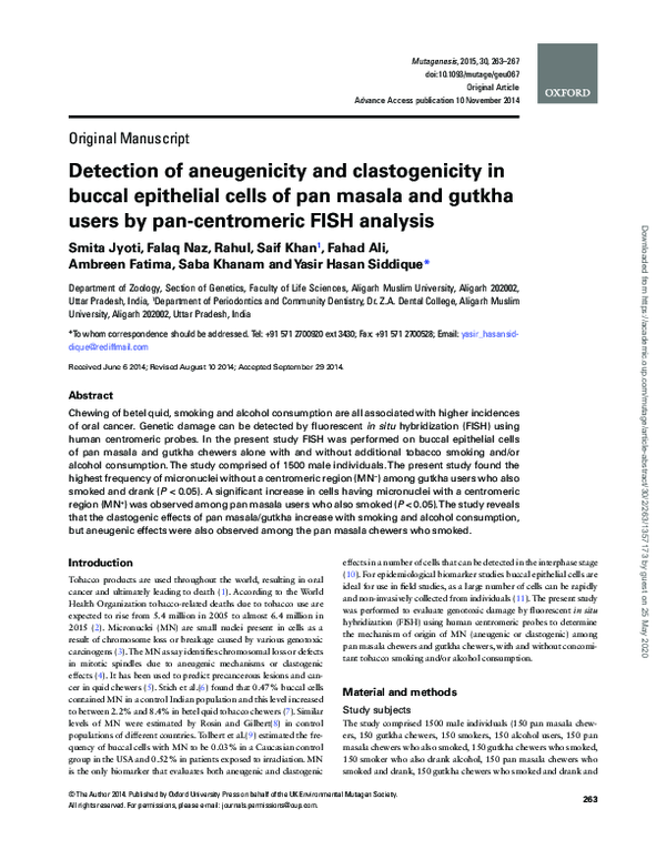 (PDF) Detection of aneugenicity and clastogenicity in buccal epithelial ...