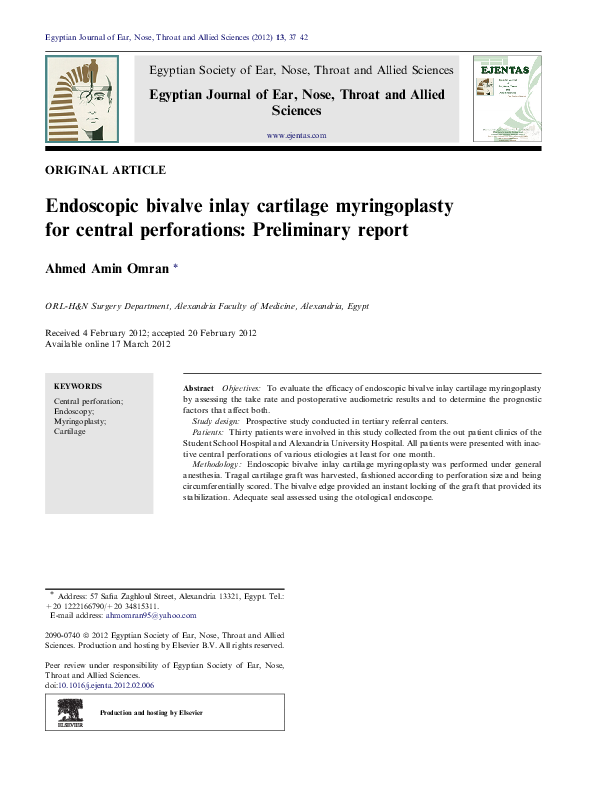 (PDF) Endoscopic bivalve inlay cartilage myringoplasty for central ...