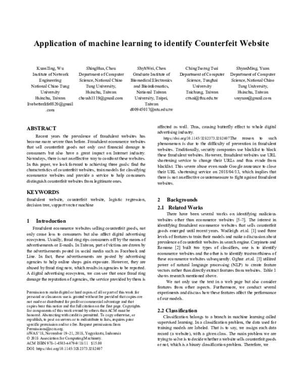 (PDF) Application of machine learning to identify Counterfeit Website