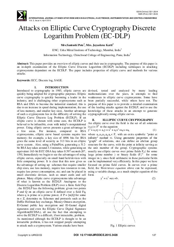 Pdf Attacks On Elliptic Curve Cryptography Discrete Logarithm Problem