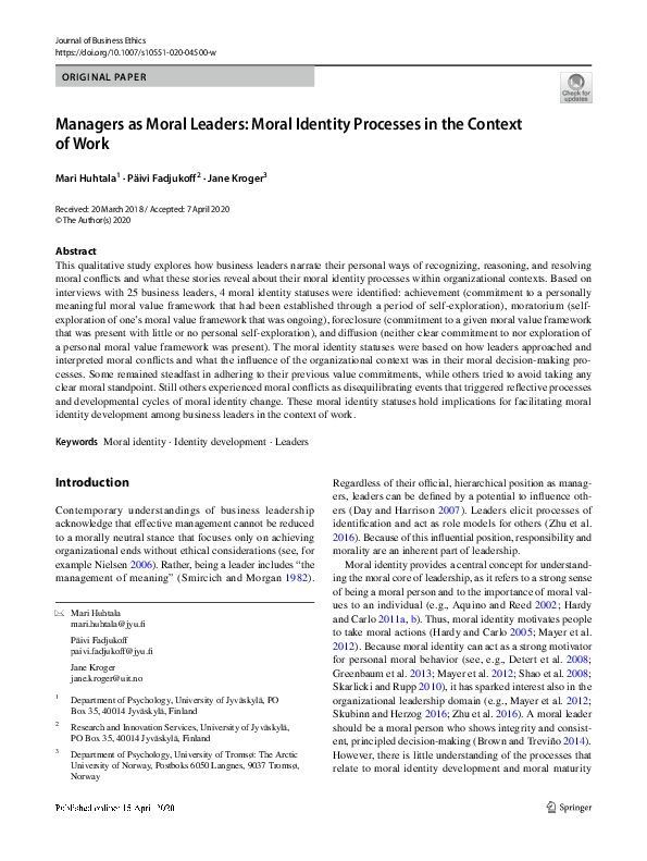 (PDF) Managers as Moral Leaders: Moral Identity Processes in the ...