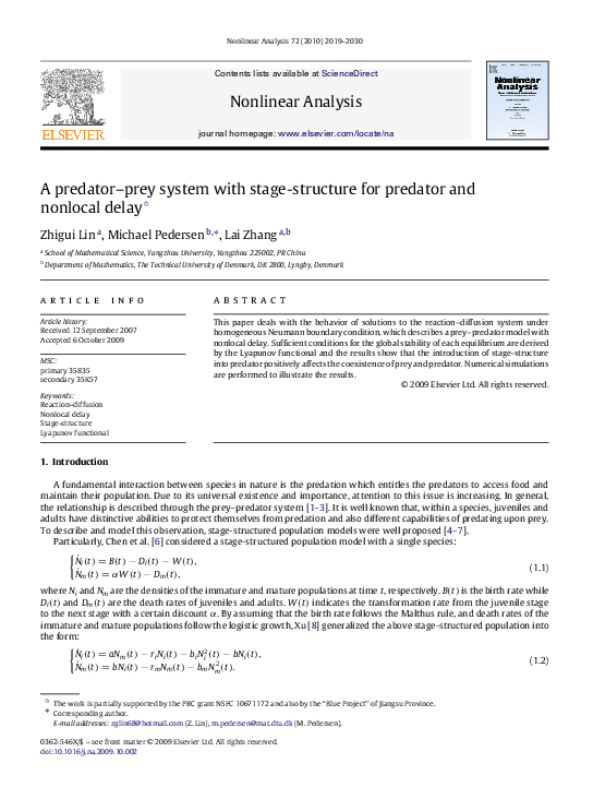 (PDF) A predator-prey system with stage-structure for predator and nonlocal delay