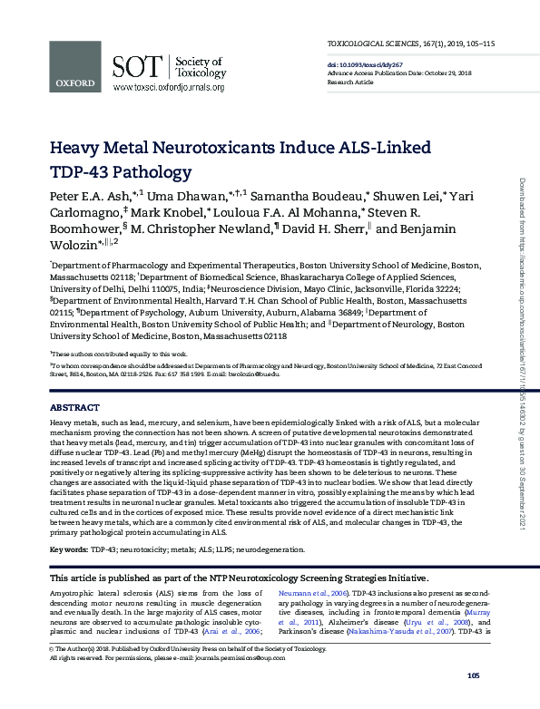 (PDF) Heavy Metal Neurotoxicants Induce ALS-Linked TDP-43 Pathology