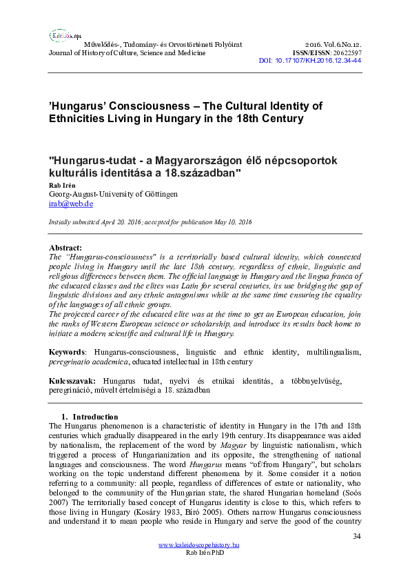 (PDF) ’Hungarus’ Consciousness ‒ The Cultural Identity of Ethnicities ...