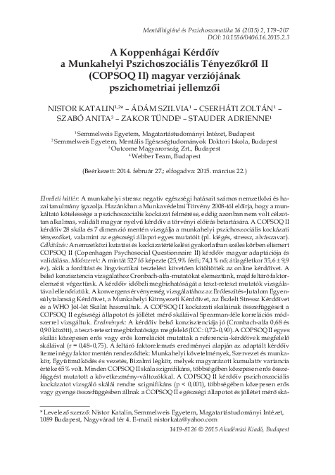 (PDF) A Koppenhágai Kérdőív a Munkahelyi Pszichoszociális Tényezőkről II (COPSOQ II) magyar ...